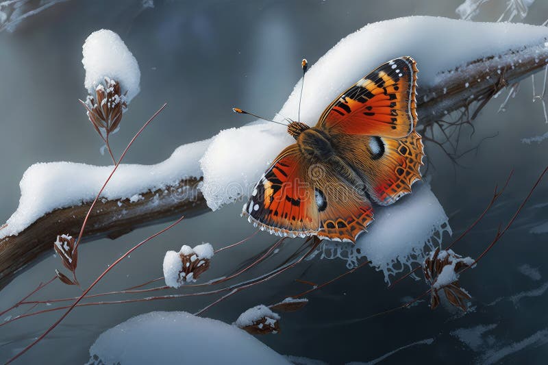 Winter Scene, with Butterfly Perched on Snow-covered Twig Stock ...