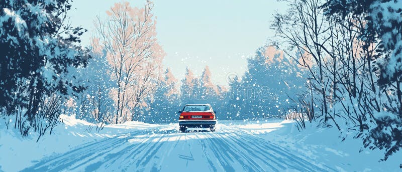 Winter Scene with a Car Navigating through a Snowy Landscape Stock ...