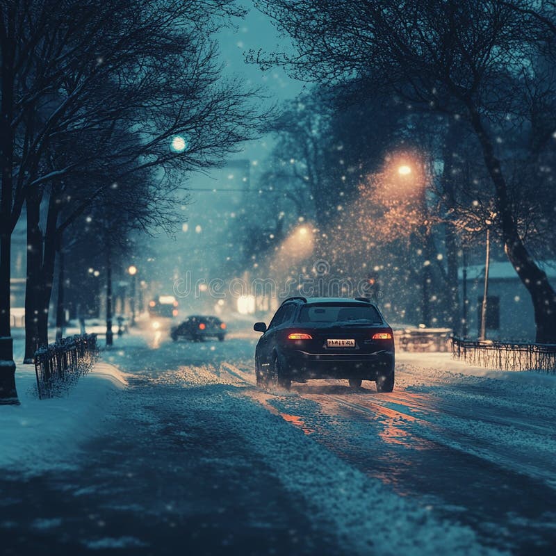Winter Scene with a Car Navigating through a Snowy Landscape Stock ...