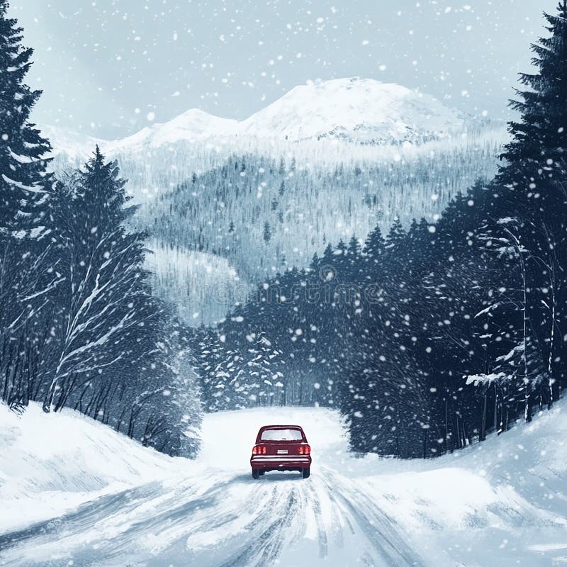 Winter Scene with a Car Navigating through a Snowy Landscape Stock ...