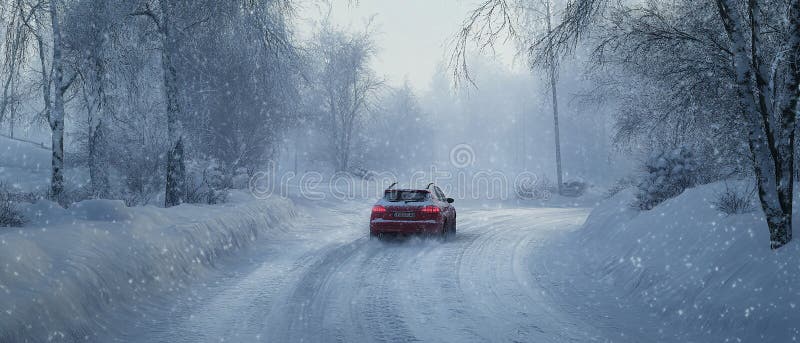 Winter Scene with a Car Navigating through a Snowy Landscape Stock ...
