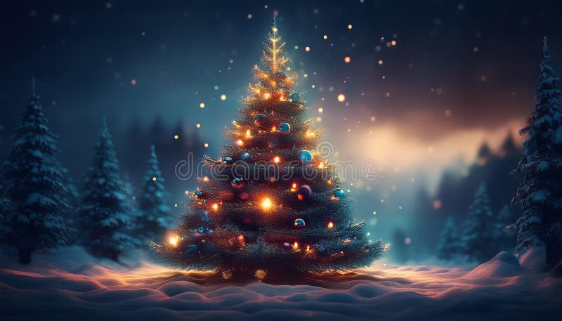 Winter Scene with Christmas Tree - 3D Render Stock Illustration ...