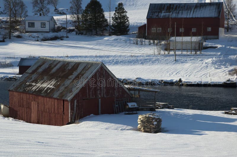Farm with Red Barn by Stream Stock Photo - Image of home, norway: 147271100