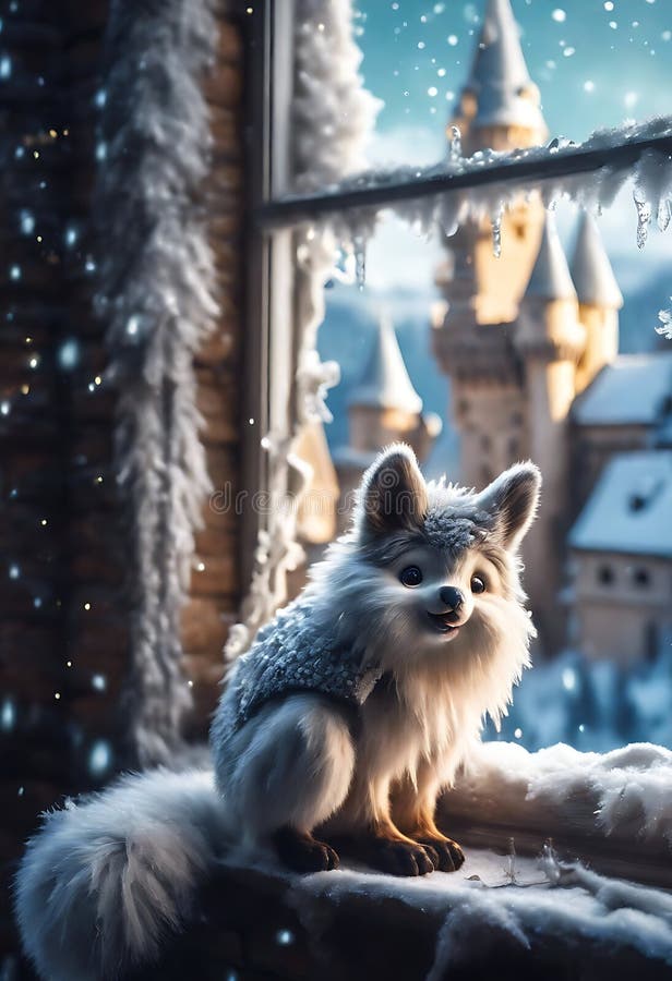 A Winter Scene with a Cute Fluffy Creature Resembling a Fox Cub Sitting ...