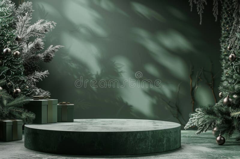 Winter Scene with Decorated Christmas Trees and Gift Boxes on Round ...