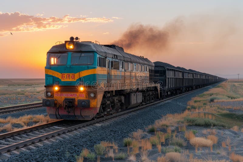 Winter Scene of a Diesel Locomotive Pulling a Freight Train through ...
