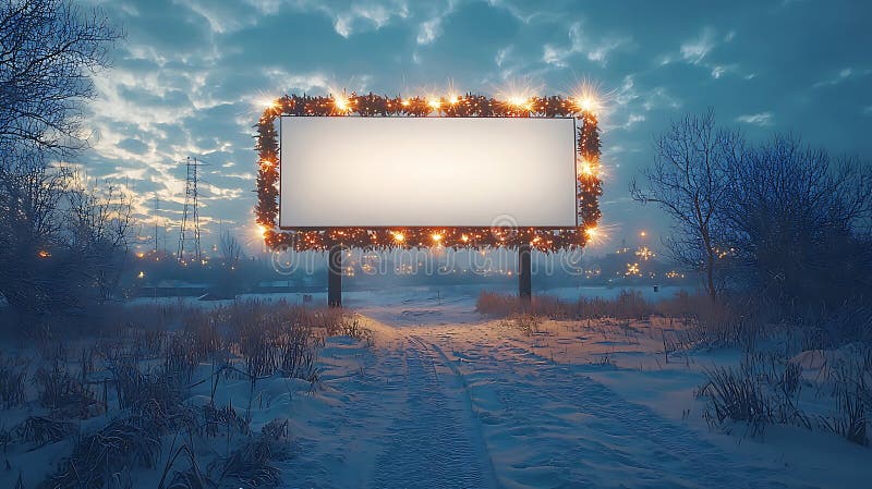 Winter Scene Featuring Blank Billboard Adorned with Lights Stock ...