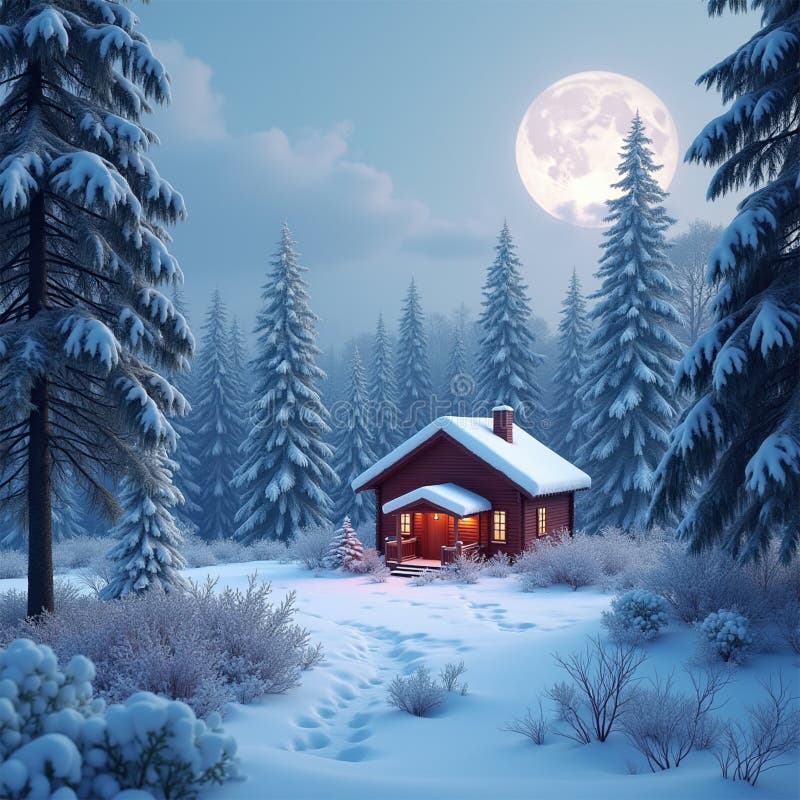 Winter Scene Featuring a Charming Log Cabin Nestled Amidst a Snow ...