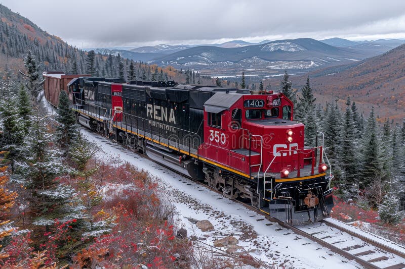 Winter Scene Featuring a Diesel Locomotive Pulling a Freight Train ...