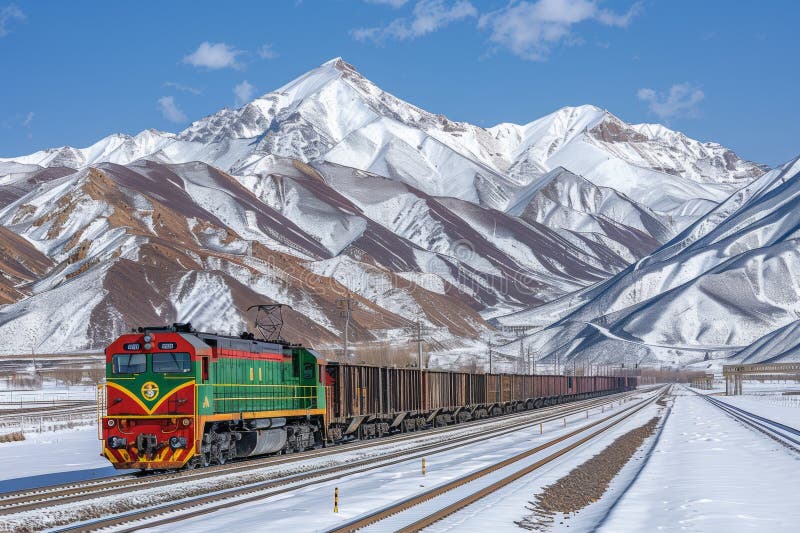 Winter Scene Featuring a Diesel Locomotive Pulling a Freight Train ...