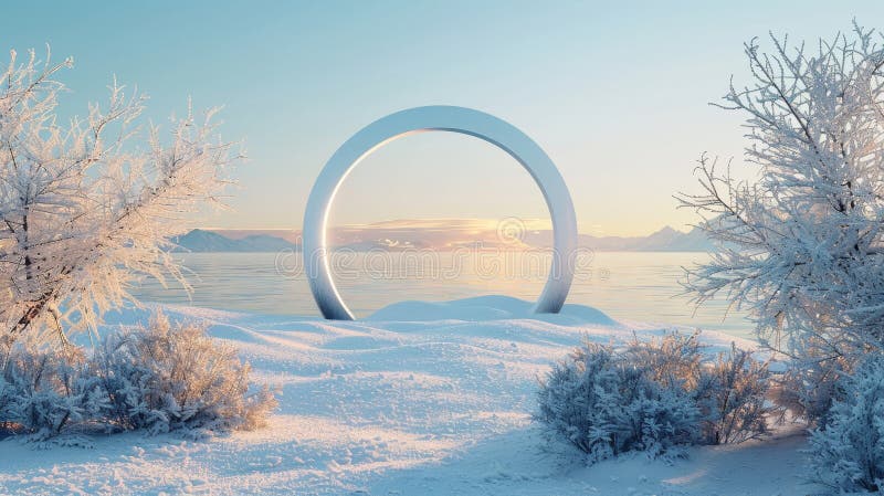 A Winter Scene Featuring Geometrical Shapes, a Circle Frame, and a Sea ...