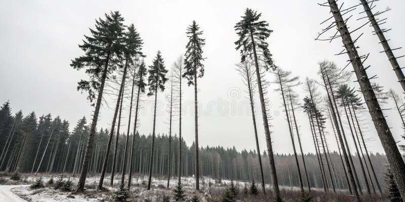Vertically Grown Tall Spruce Trees with One in Tilted Position Stock ...