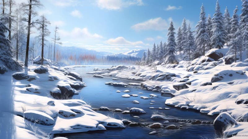 Winter Wonderland a Cartoon Realism River Scene with Snow Stock ...