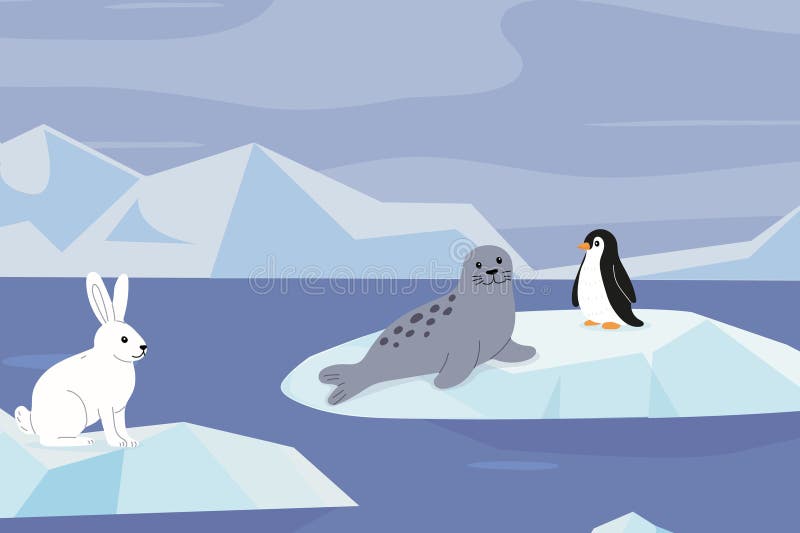 Winter Scene Featuring a Seal, Penguin, and Hare on Floating Ice in a ...