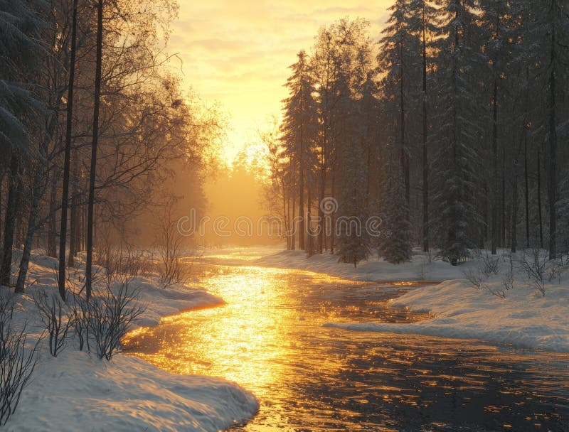 A Winter Scene Featuring Sunlight Streaming through the Trees, with a ...