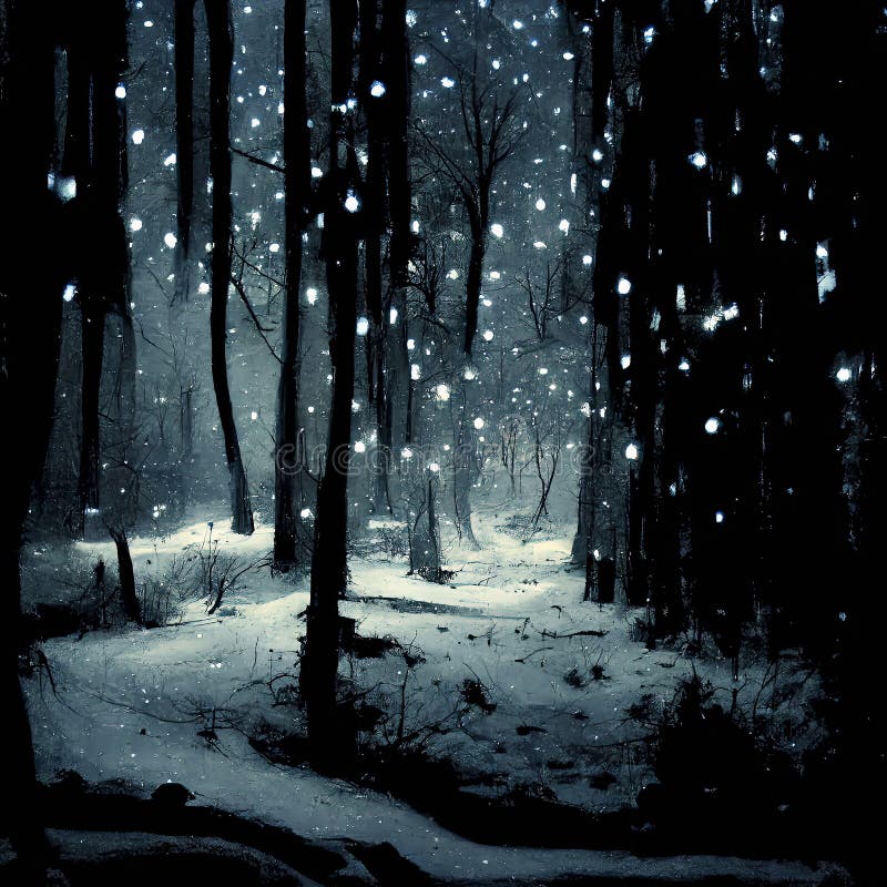 Winter Scene in the Forest with Snowfall at Night and Moon Light Stock ...