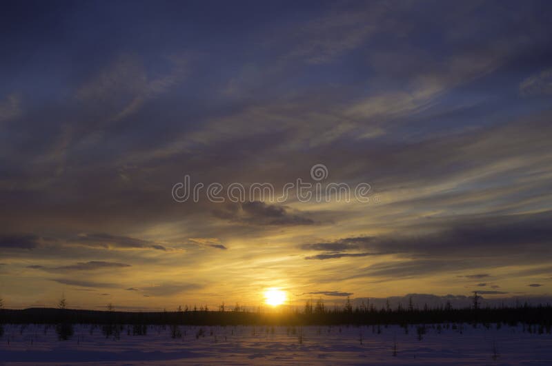 Winter Landscape with Forest, Trees, Snow and Sunset Over the Taiga. Stock Photo - Image of ...