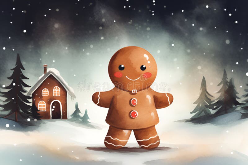 Winter Scene with Gingerbread Man and House Behind Stock Illustration ...