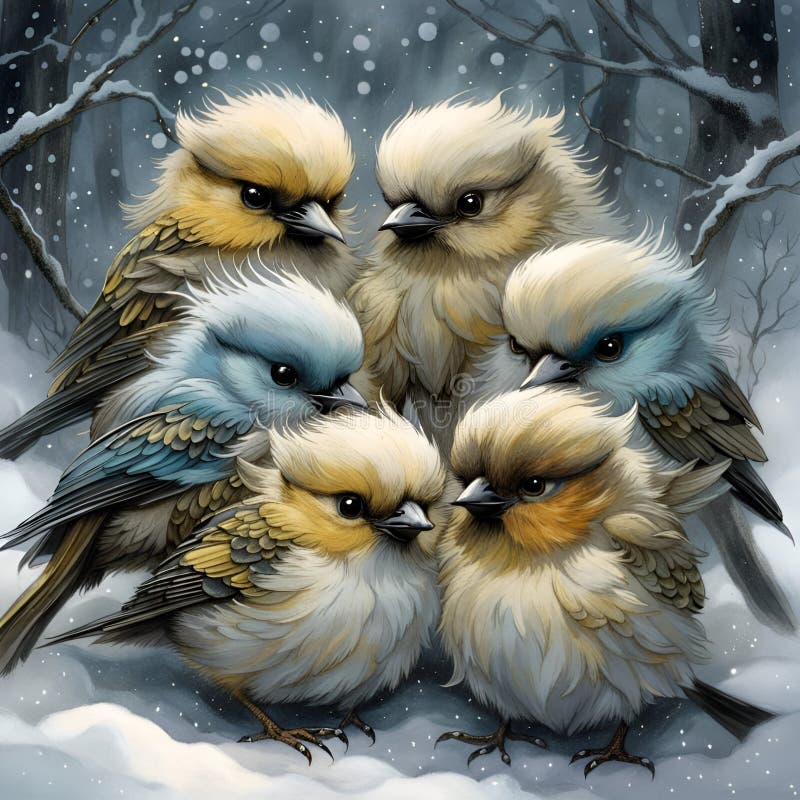 Winter Scene - Group of Birds are Cuddling in Deep Snow Stock ...