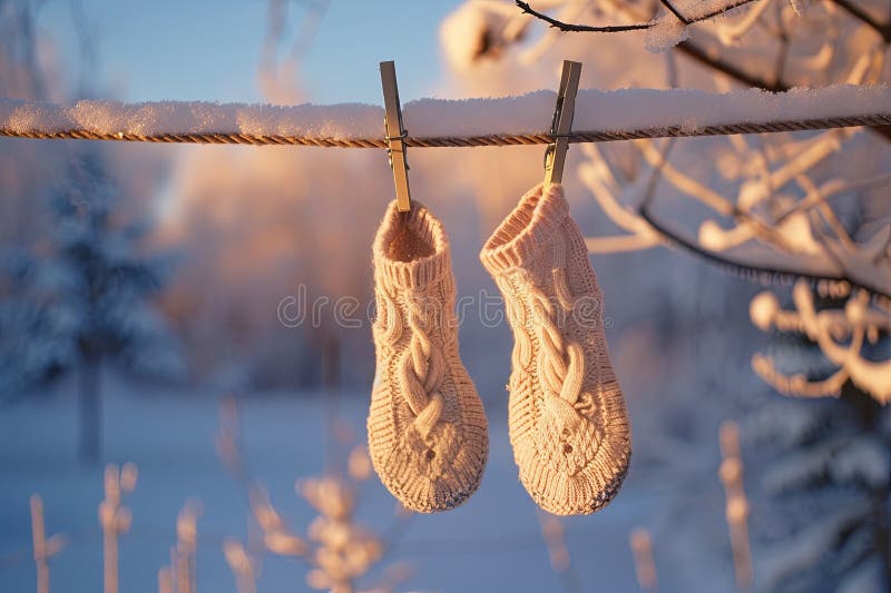 Winter Scene with Handmade Cable-knit Mittens Hanging on Rustic ...