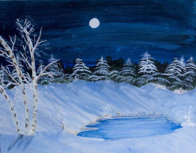 Winter Scene Landscape Painting Stock Illustration - Illustration of ...