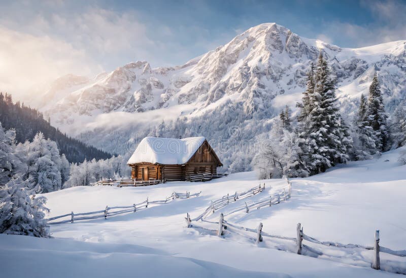 Winter Scene with Mountains Chalet in the Alps Stock Image - Image of ...