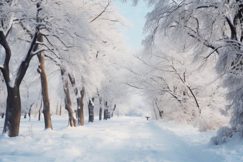 A Winter Scene of a Park Covered in Snow with Trees and Benches ...