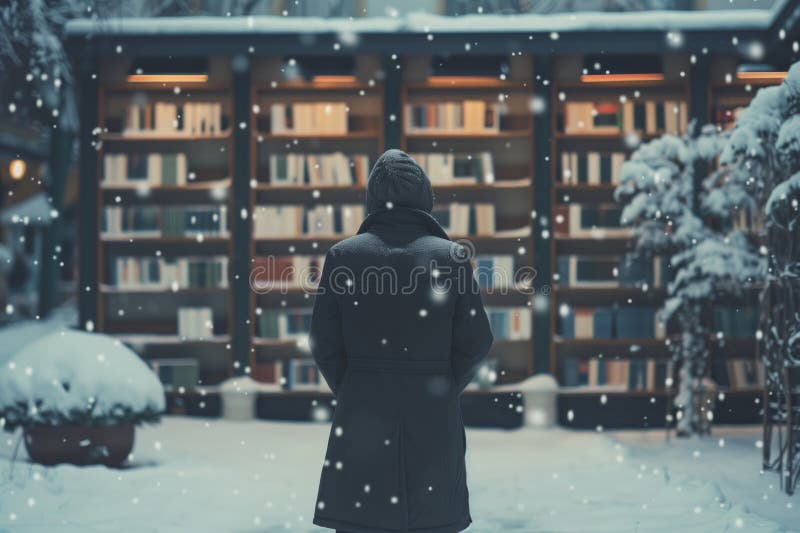 Winter Scene with Person in Coat Outside Snowy Library Stock ...