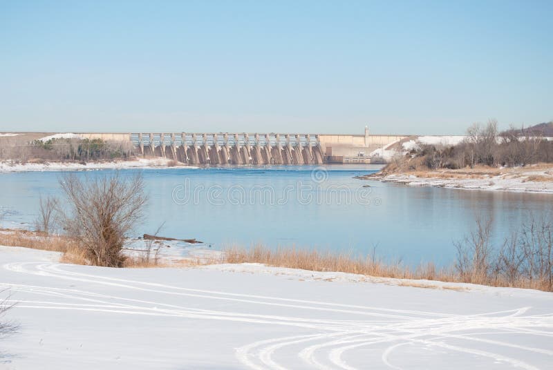 A Winter Scene of a River with a Dam Stock Photo - Image of shore ...