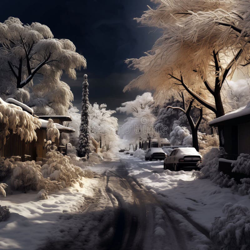 Winter Scene with Road and Trees Covered by Snow. 3d Render? Stock ...