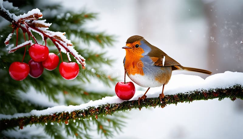 Winter Scene, a Robin Next To a Frozen Cherry Berry Stock Illustration ...