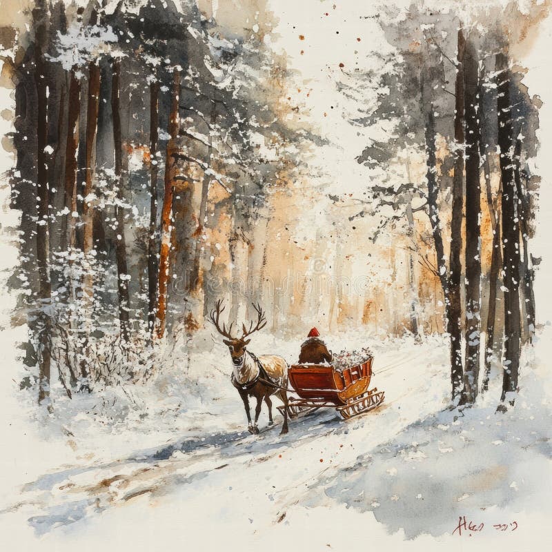 Winter Scene with Sleigh and Reindeer in Snowy Forest Stock Photo ...