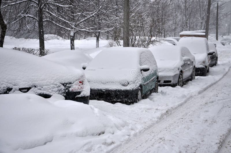 Winter Scene. Snow-covered Cars in the Yard Stock Photo - Image of snow ...