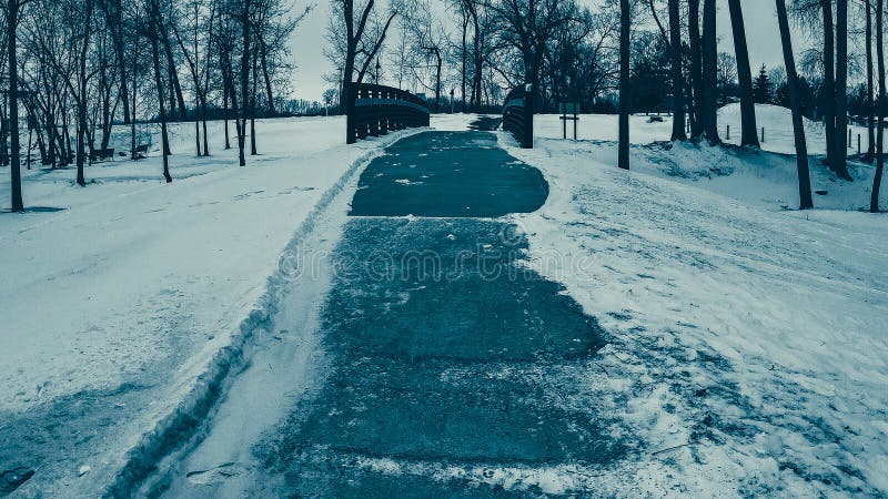 Winter Scene with Snow Covered Trail Heading To Park Stock Image ...