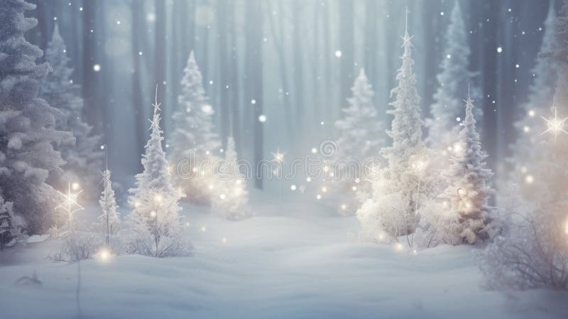 Winter Scene with Snow Covered Trees and Lights, AI Stock Photo - Image ...