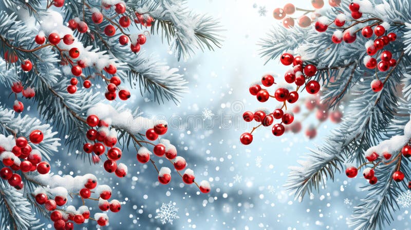 A Winter Scene with Snow and Red Berries on a Tree Stock Photo - Image ...