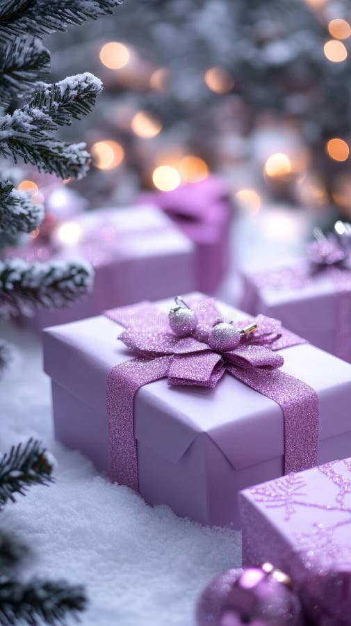 A Winter Scene with Snowflakes, Showcasing Purple-decorated Gift Boxes ...