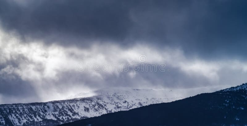 Winter Scene with Snowy Mountain and Blizzard Stock Image - Image of ...