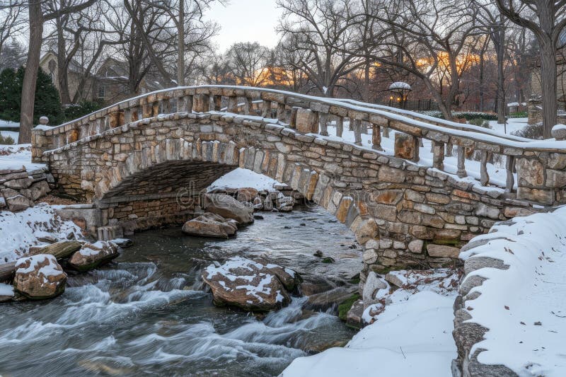 Stone Arch Bridge Over Winter Stream in Snowy Park Stock Illustration ...