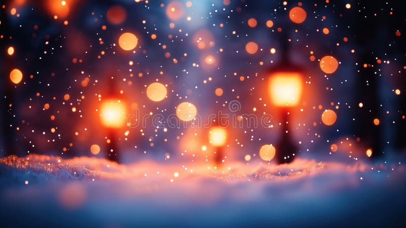 Winter Scene with Warm Light. Snow, Blurry Lights Create Magical Winter ...