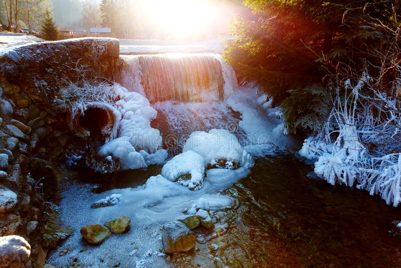 Winter Scene with Water Falling from Icy Rocks and Sun Light. Stock ...