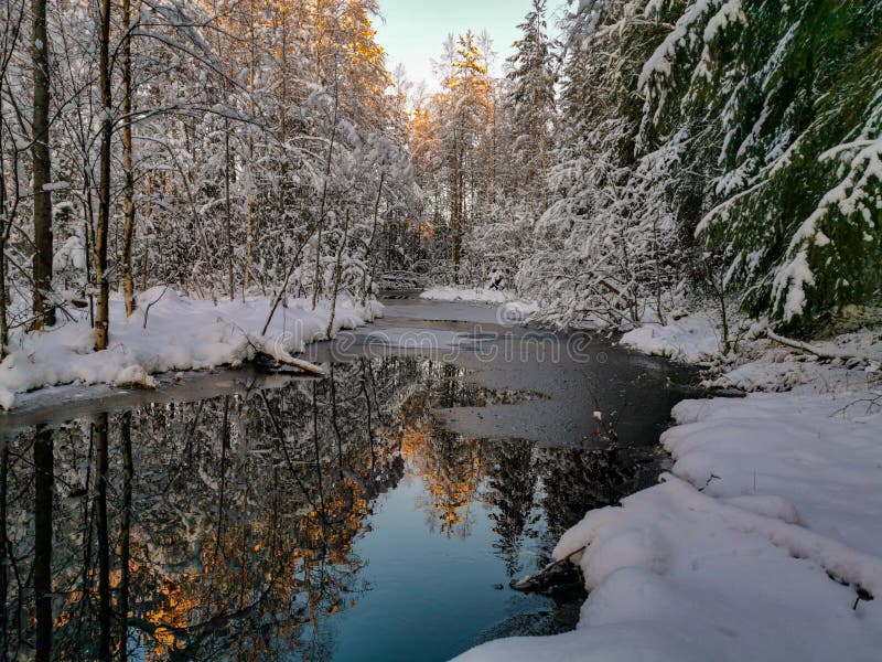 Winter Scene with Water Reflection Stock Photo - Image of modern, snow ...