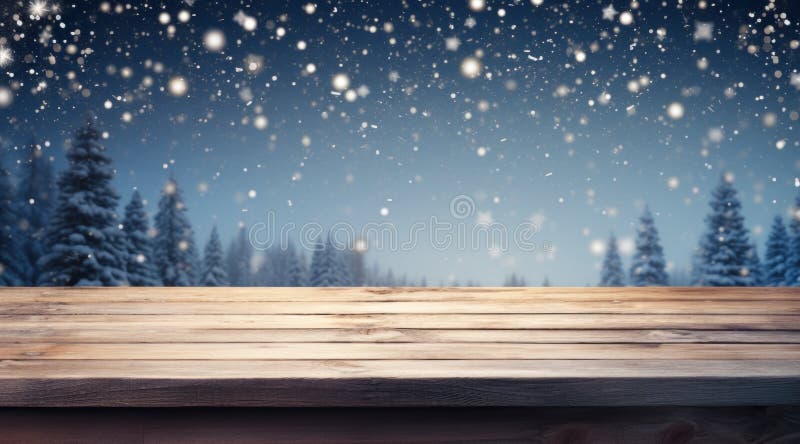 Winter Scene with a Wooden Table, Snow and Snowflakes, Stock Photo ...