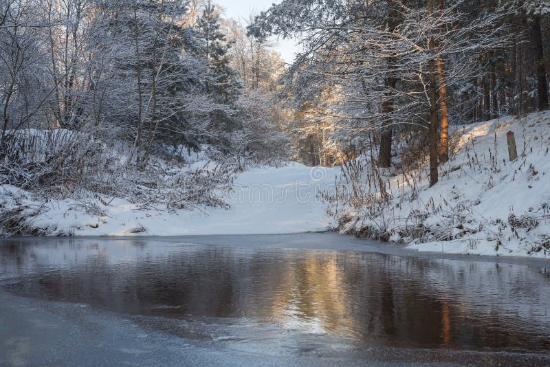 Winter Scenery with Freezing Forest River and Beautiful Sunlight ...