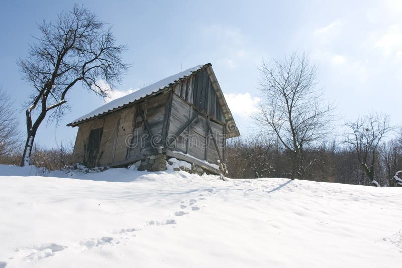 Winter scenery hut stock image. Image of footprints, house - 13371311