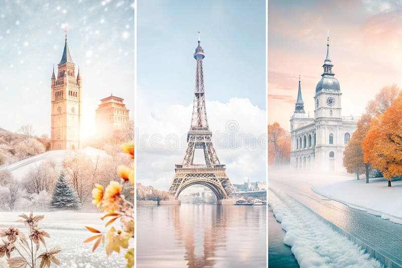 Winter Scenes Paris , Europe Collage Stock Illustration - Illustration ...