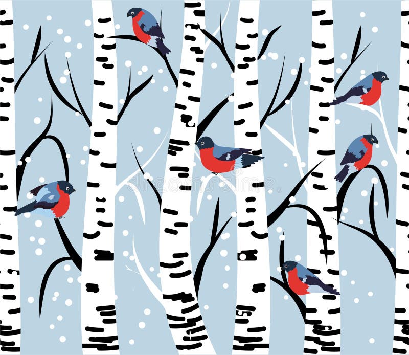 Winter Seamless Pattern with Bullfinches and Birch Trees. Stock ...