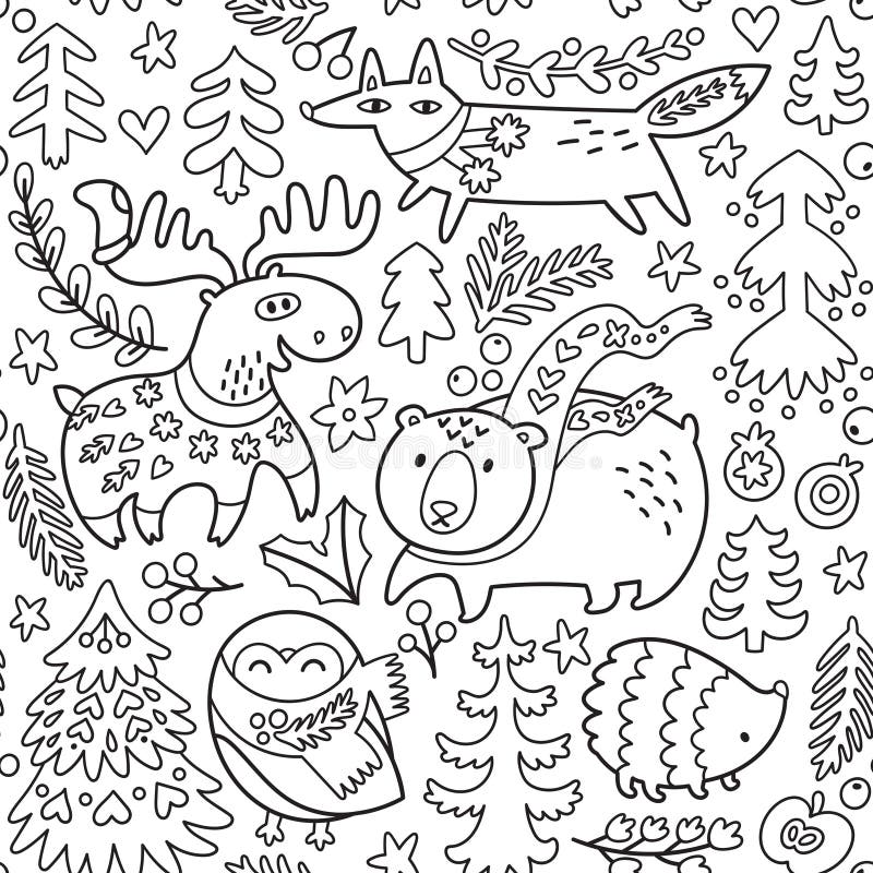 Winter Seamless Pattern with Cozy Animals and Decorative Elements in ...