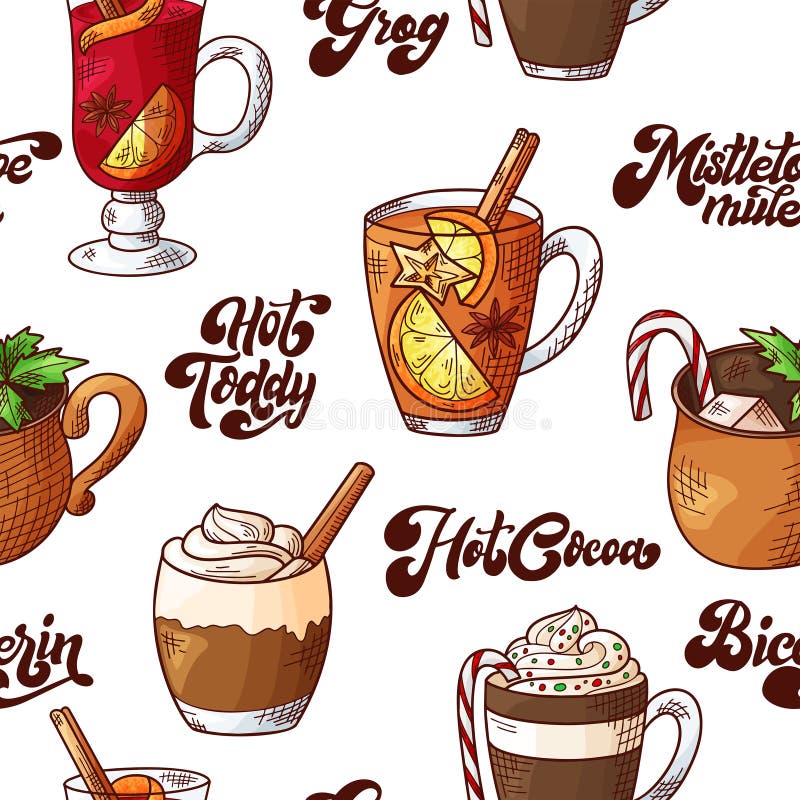 Set of Hot Winter Drinks. Hand Drawn Sketch. Eggnog, Latte, Chocolate ...