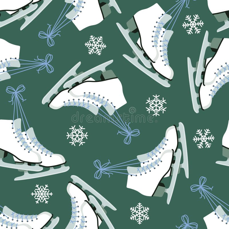 Winter Seamless Pattern with Figure Ice Skates and Snowflakes on Blue ...